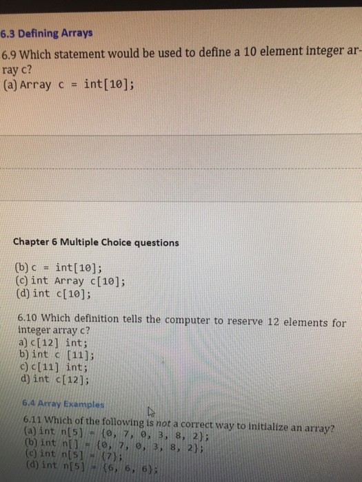 Solved 63 Defining Arrays 69 Which Statement Would Be Used 