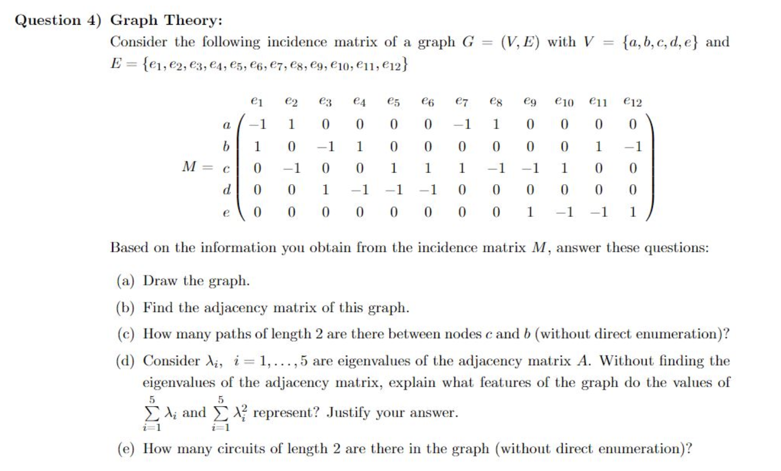 Solved 4) Graph Theory: Consider the following incidence | Chegg.com