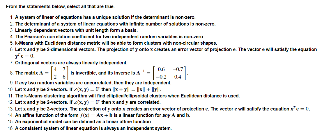 Solved From the statements below, select all that are | Chegg.com