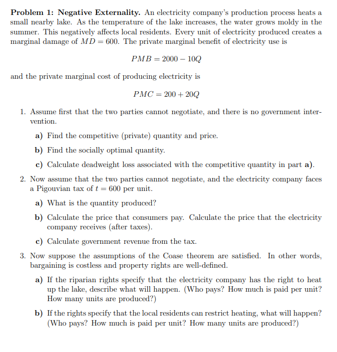 Solved Problem 1: Negative Externality. An electricity | Chegg.com