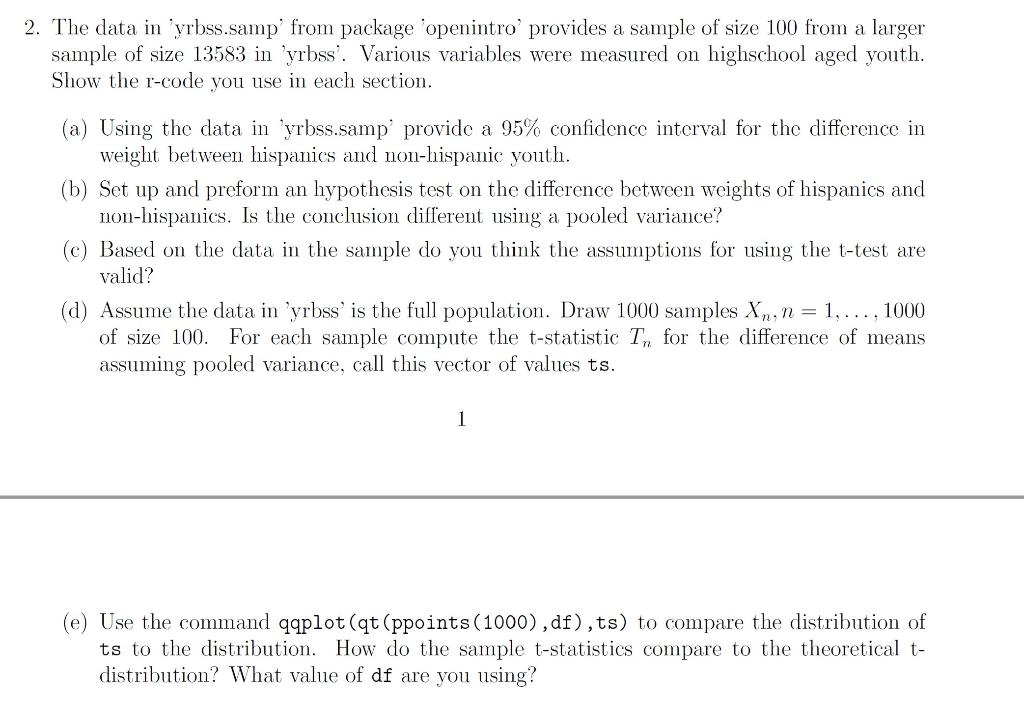 Solved 2. The data in 'yrbss.samp' from package 'openintro' | Chegg.com