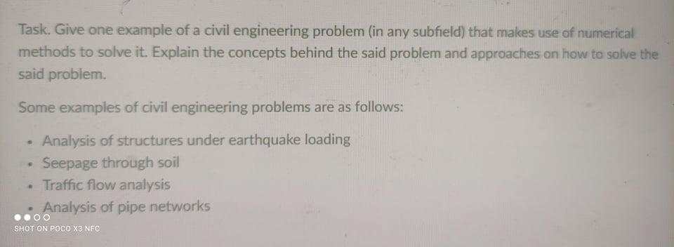Solved Task. Give one example of a civil engineering problem | Chegg.com