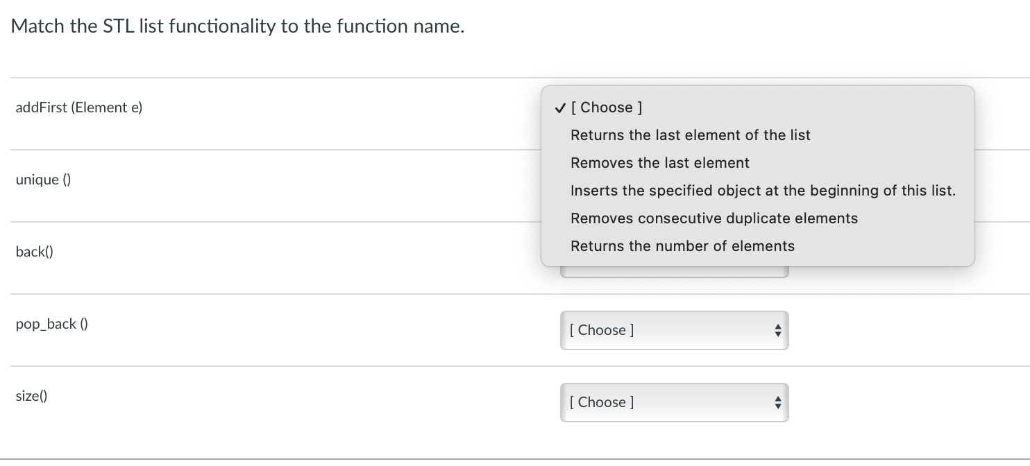 Solved Match the STL list functionality to the function | Chegg.com