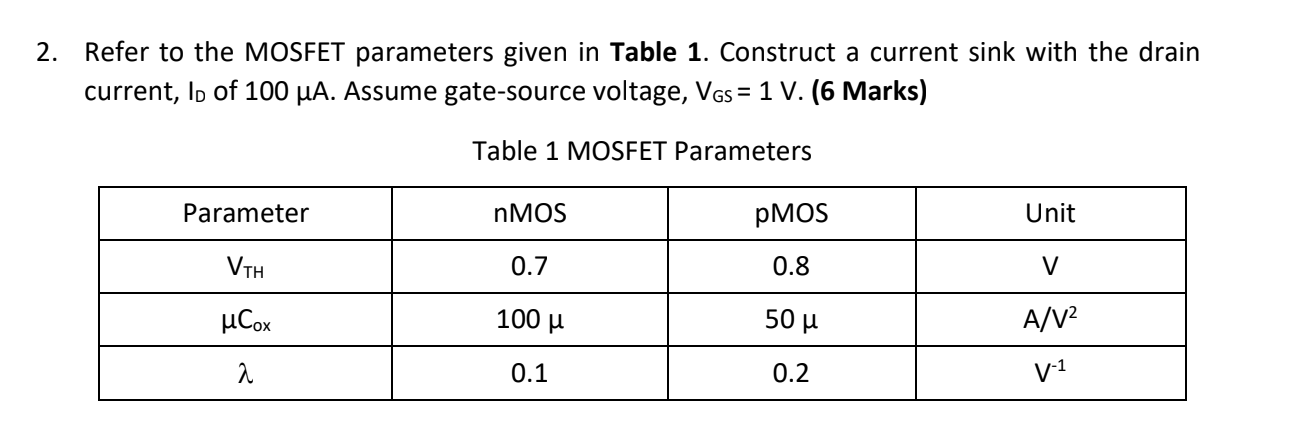 Solved 2. Refer to the MOSFET parameters given in Table 1. | Chegg.com