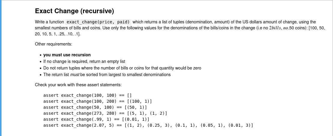 Solved Exact Change (recursive) Write a function | Chegg.com
