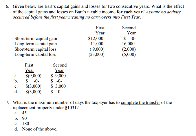 Solved 6. Given below are Bart's capital gains and losses | Chegg.com
