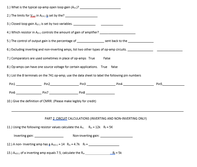 Solved 1.) What is the typical op-amp open loop gain (Aou)? | Chegg.com