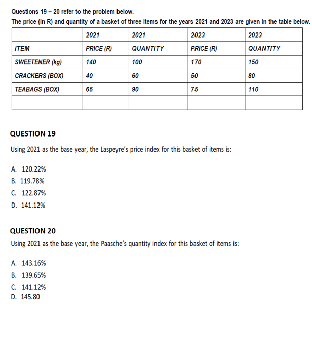 Solved Questions 19-20 ﻿refer to the problem below.The price | Chegg.com