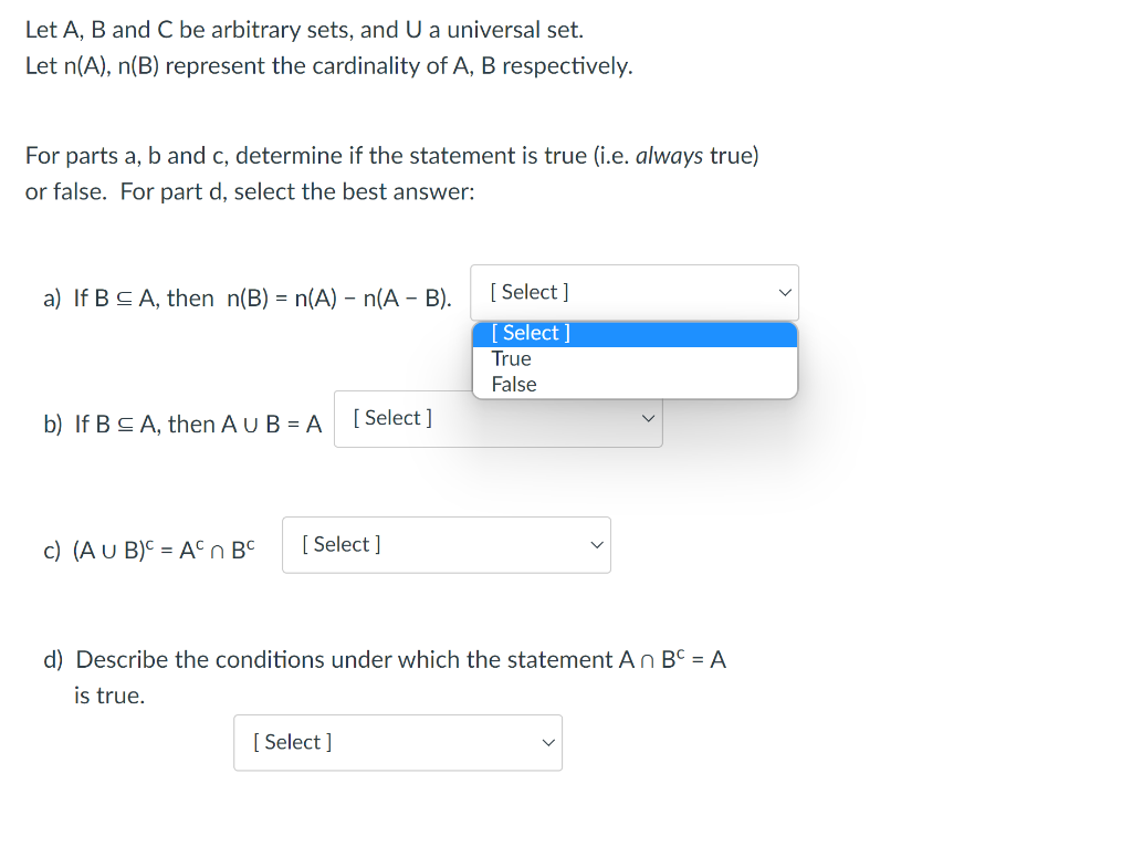 Solved Let A, B and C be arbitrary sets, and U a universal | Chegg.com