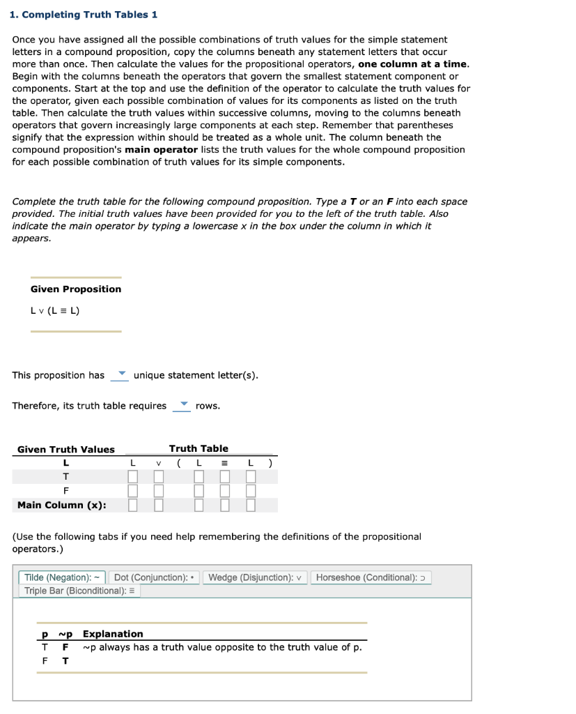 Solved 1. Completing Truth Tables 1 Once you have assigned | Chegg.com