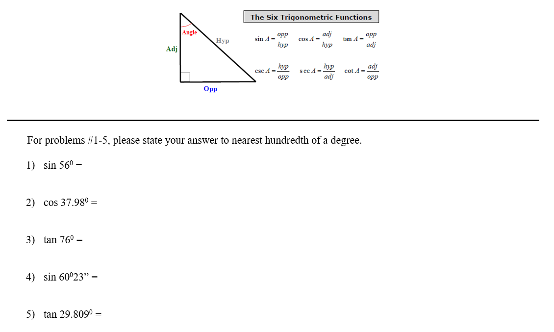 Solved The Six Trigonometric Functions Angle Hyp sinA opp | Chegg.com