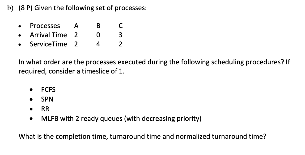 Solved b) (8 P) Given the following set of processes: In | Chegg.com