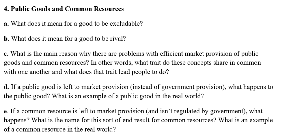 Solved 4. Public Goods and Common Resources a. What does it | Chegg.com