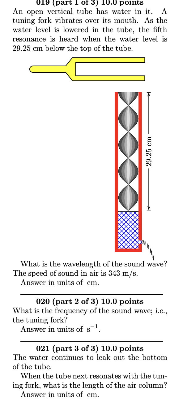 Solved An open vertical tube has water in it. A tuning fork | Chegg.com