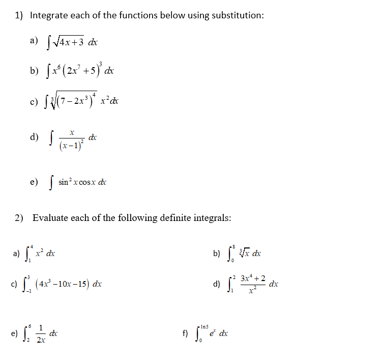 Solved 1) Integrate each of the functions below using | Chegg.com