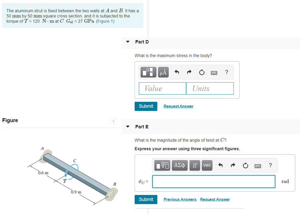 Solved The aluminum strut is fixed between the two walls at | Chegg.com