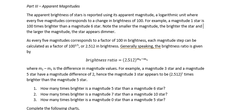 Solved Part Ill - Apparent Magnitudes The apparent | Chegg.com