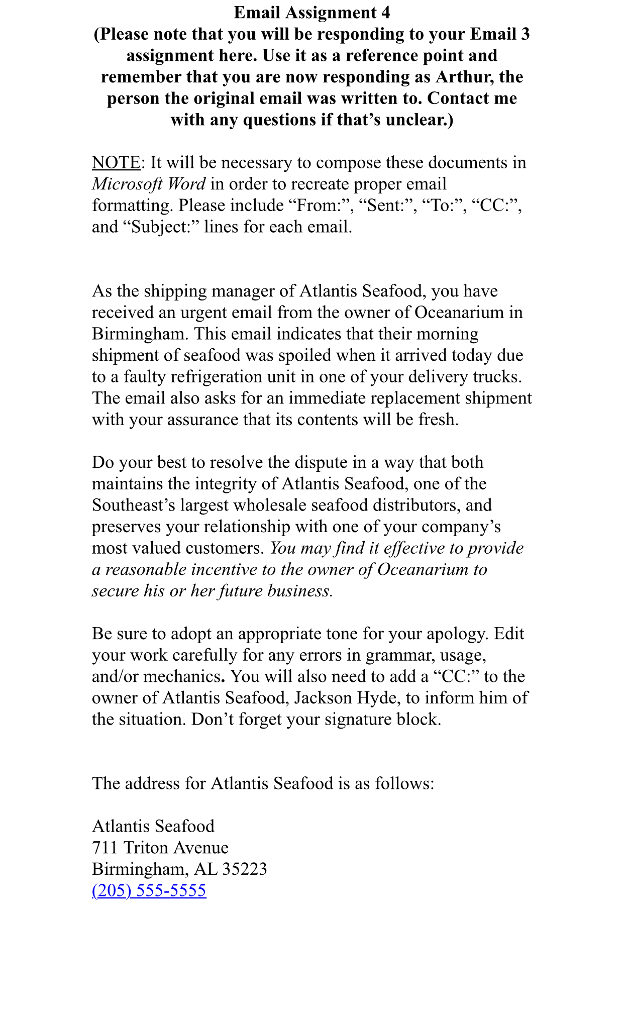 Solved Email Assignment 4 (Please note that you will be | Chegg.com