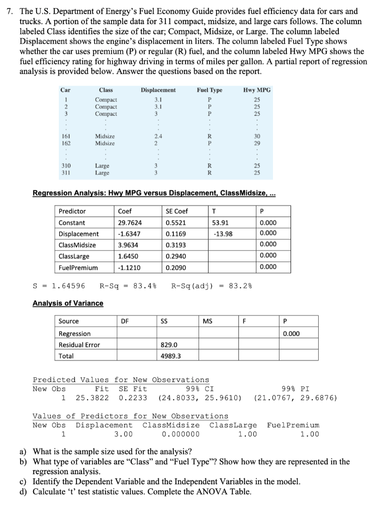 Solved 7. The U.S. Department of Energy's Fuel Economy Guide | Chegg.com