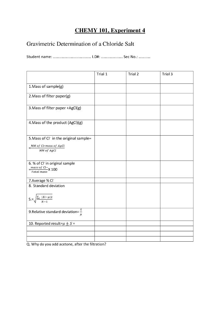 Solved CHEMY 101, Experiment 4 Gravimetric Determination of | Chegg.com