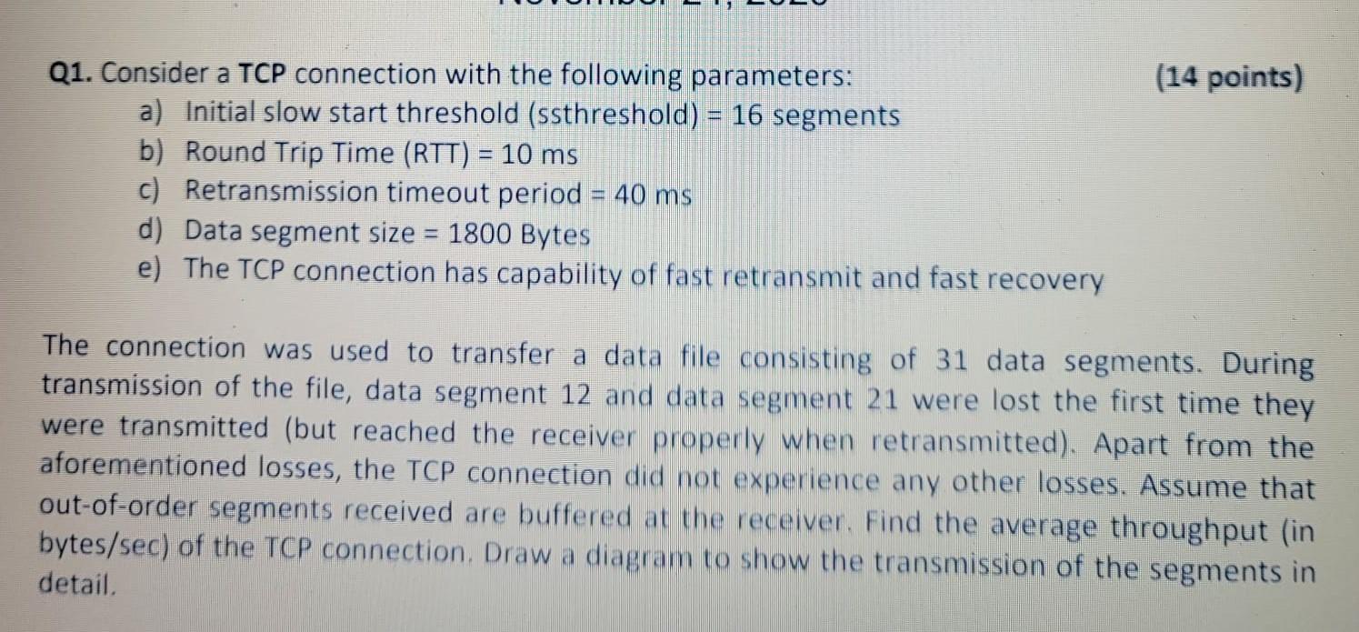 Solved (14 points) Q1. Consider a TCP connection with the | Chegg.com