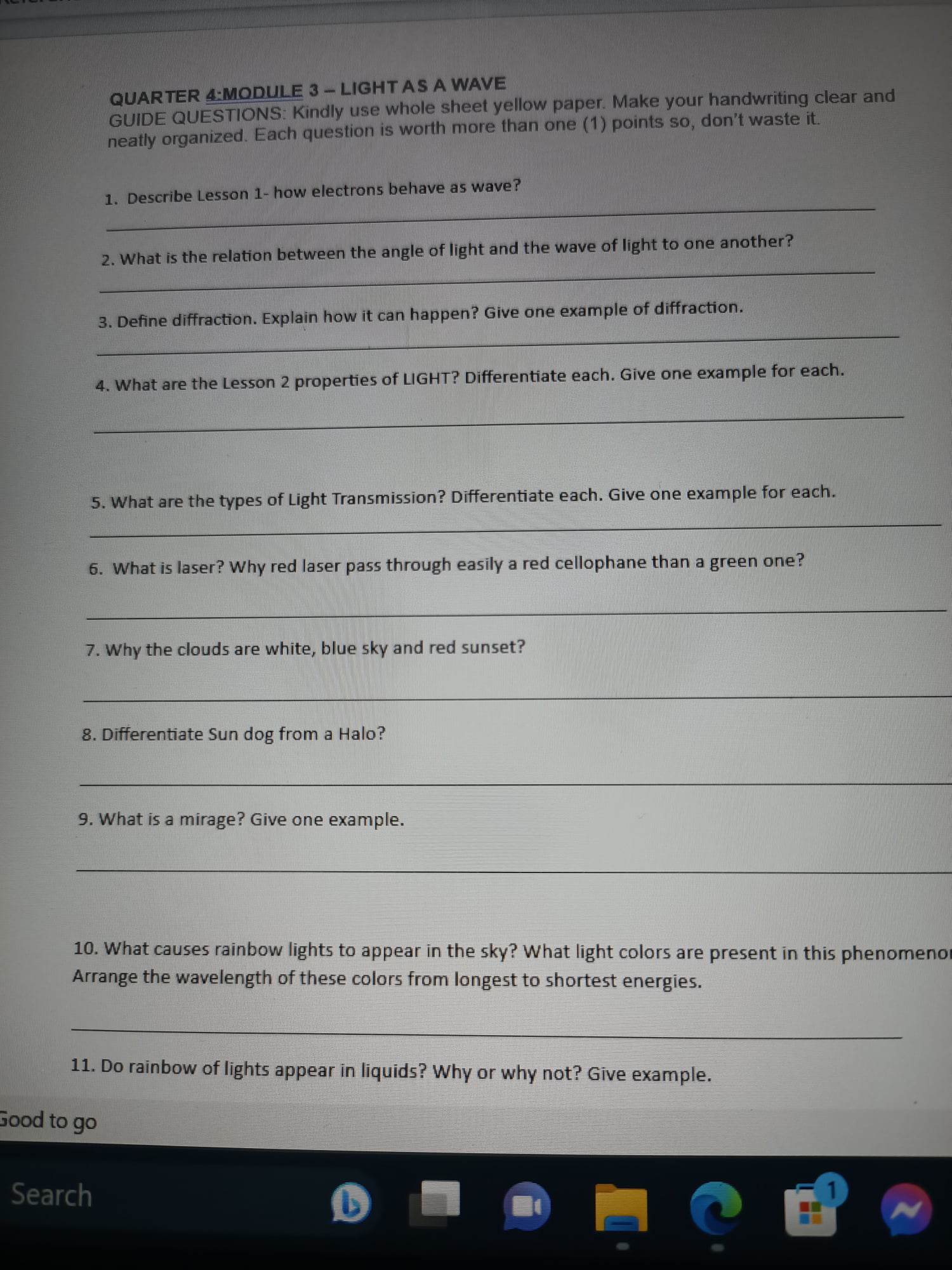 Solved QUARTER A:MODULE 3 - LIGHT AS A WAVE GUIDE QUESTIONS: | Chegg.com