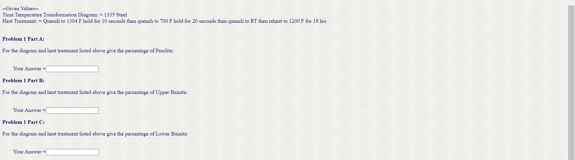 Solved --Given Values-- Time Temperature Transformation | Chegg.com