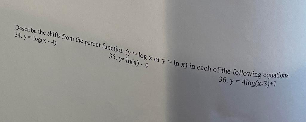 Solved Describe the shifts from the parent function 34. | Chegg.com