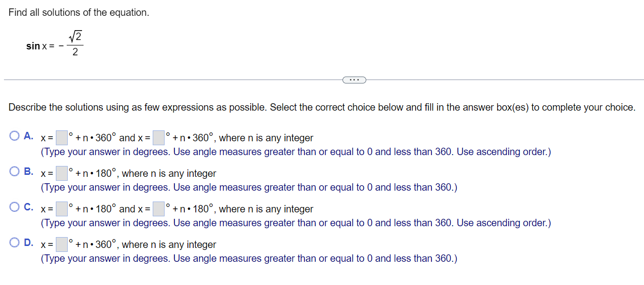 Solved Find all solutions of the equation. sinx=−22 Describe | Chegg.com