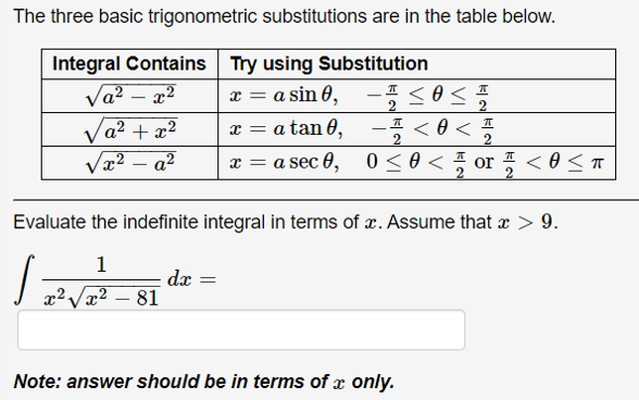 Solved The three basic trigonometric substitutions are in | Chegg.com