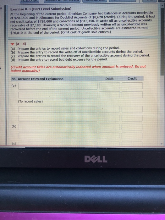 Solved Exercise 8-3 (Part Level Submission) At the beginning | Chegg.com