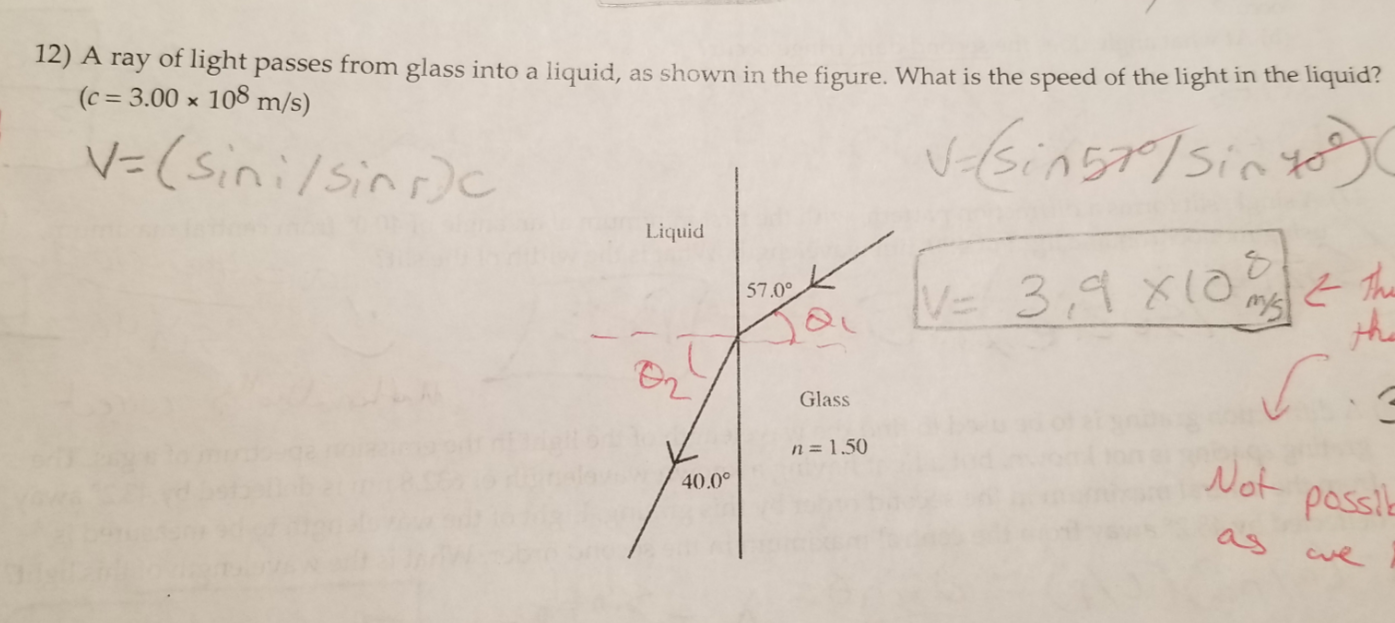 Solved 12) A ray of light passes from glass into a liquid, | Chegg.com