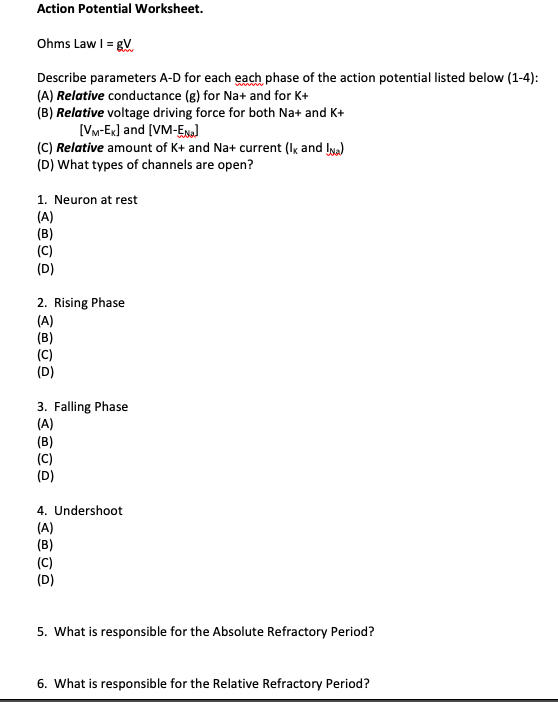 Solved Action Potential Worksheet. Ohms Law I =gV Describe | Chegg.com