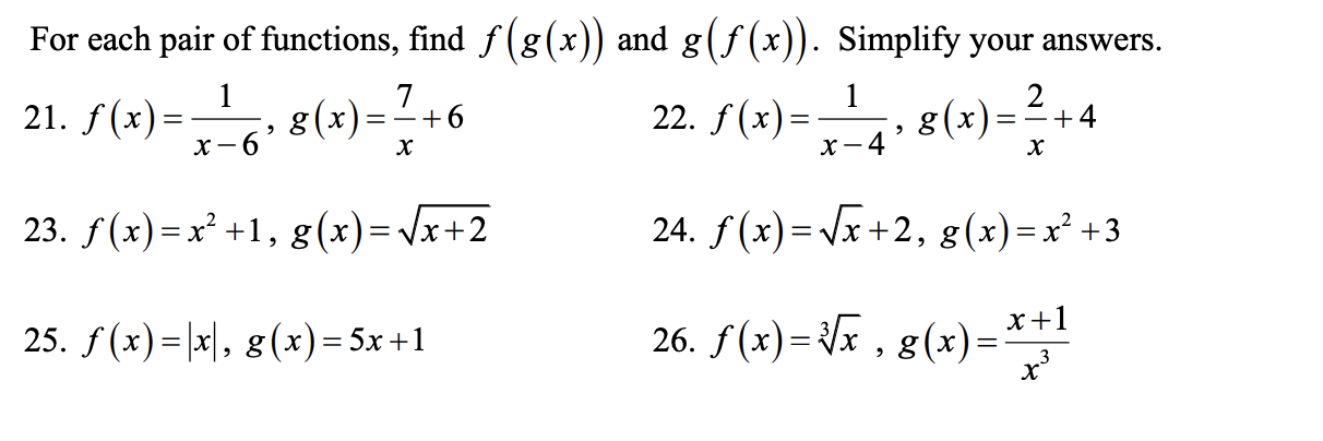 Solved For each pair of functions, find f(g(x)) and g(f(x)). | Chegg.com