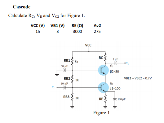 Solved Cascode Calculate Rc, Ve and Vc2 for Figure 1. VCC | Chegg.com