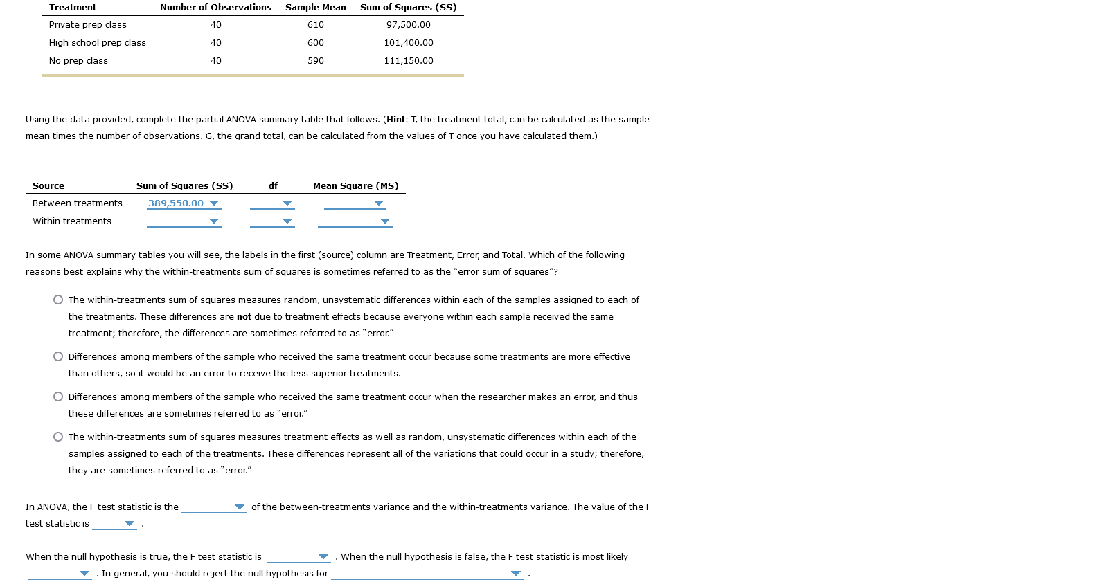 Solved Using the data provided, complete the partial ANOVA | Chegg.com