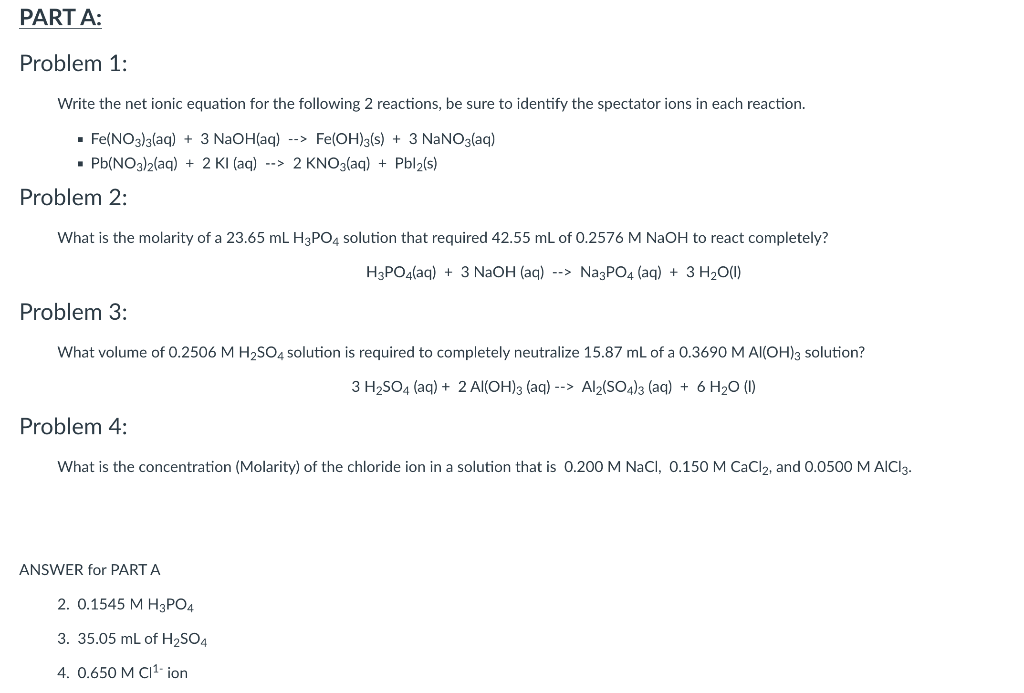 Solved PART A: Problem 1: Write the net ionic equation for | Chegg.com