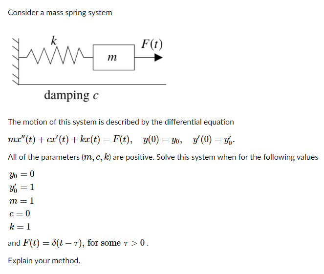 Solved Consider a mass spring system F(t) fring m " damping | Chegg.com