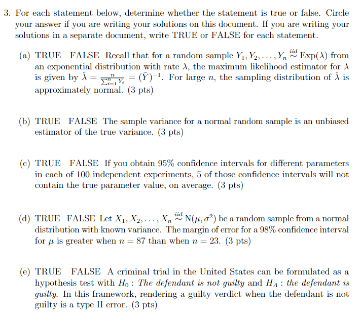Solved For each statement below, determine whether the | Chegg.com