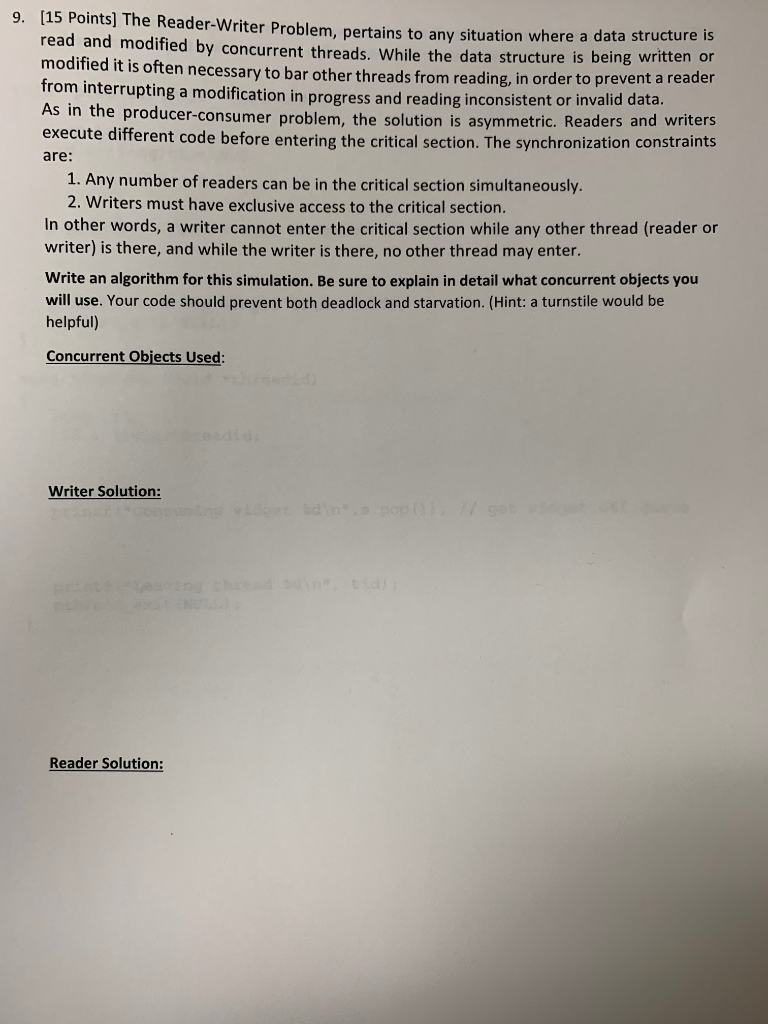 Solved 9. (15 Points) The Reader-Writer Problem, pertains to | Chegg.com