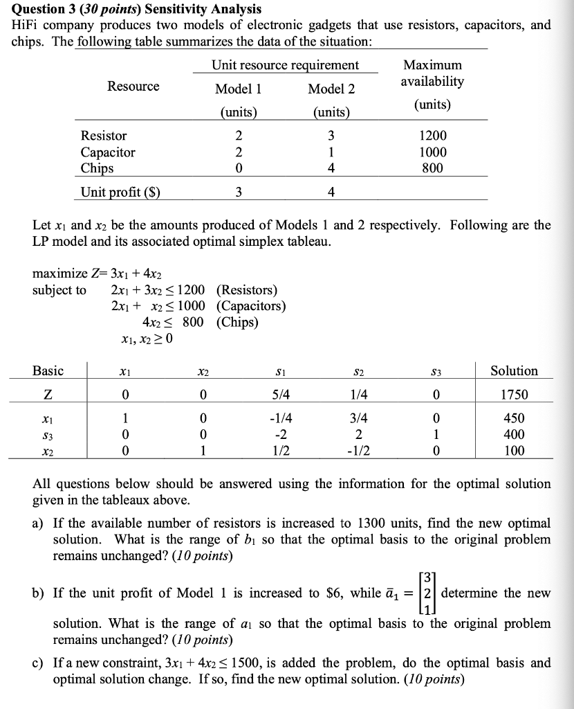 Solved Question 3 ( 30 points) Sensitivity Analysis HiFi | Chegg.com