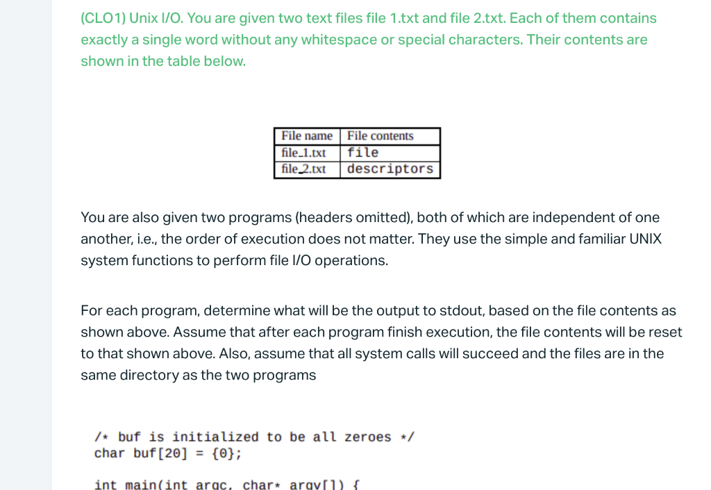 Solved (CLO1) Unix I/O. You are given two text files file | Chegg.com
