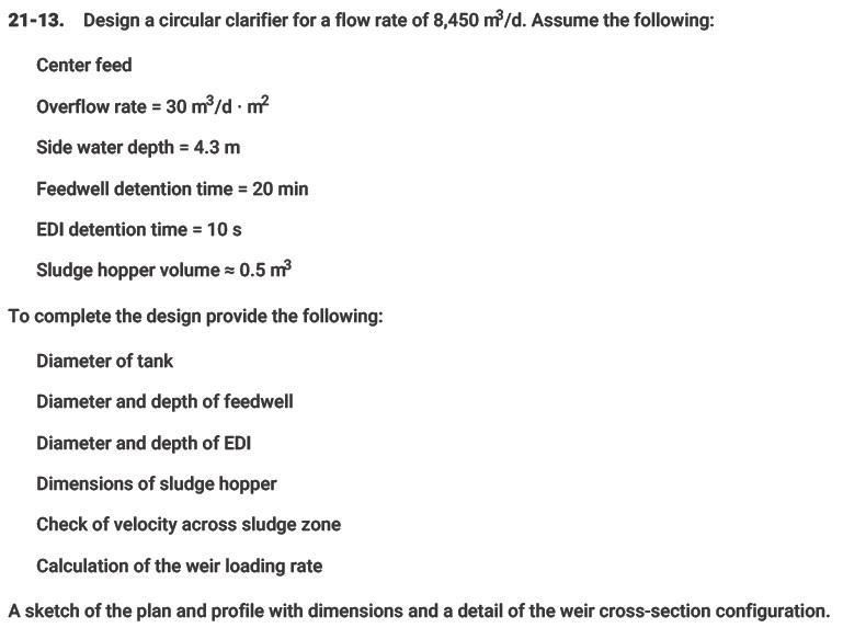 Solved 1. Do problem 21-13. Calculate the weir loading rate | Chegg.com