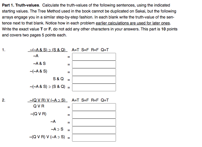 Solved Part 1. Truth-values. Calculate the truth-values of | Chegg.com