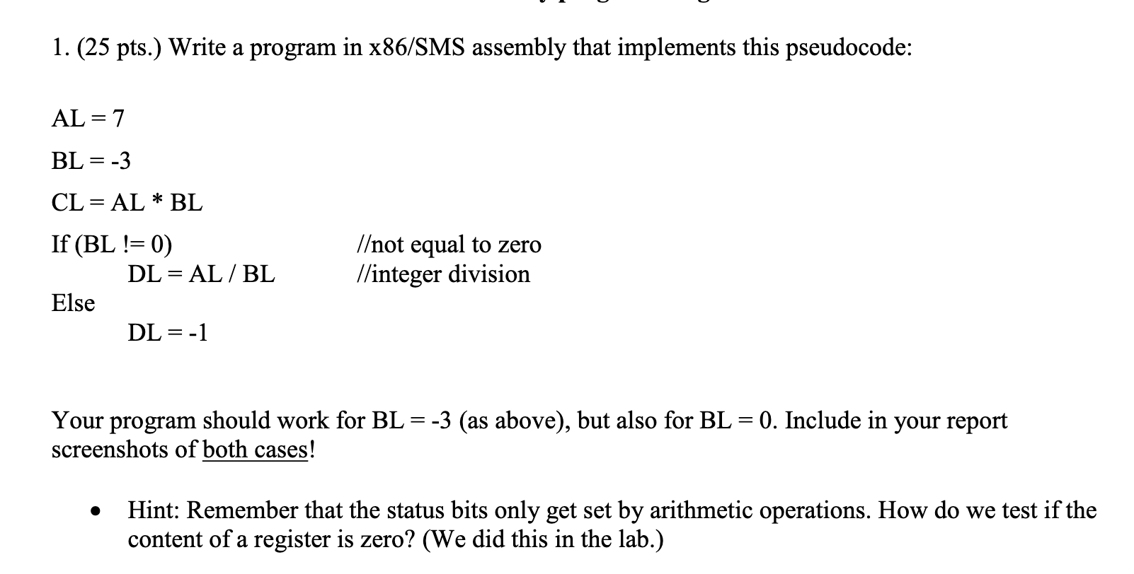 Solved 1. ( 25 pts.) Write a program in x86/SMS assembly | Chegg.com