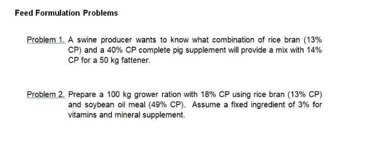 Feed Formulation Problems Problem 1. A swine | Chegg.com