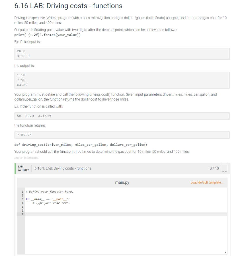 Solved 6.16 LAB: Driving costs - functions Driving is | Chegg.com