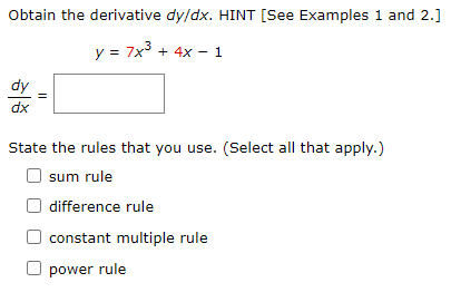Solved Obtain the derivative dy/dx. HINT [See Examples 1 and | Chegg.com
