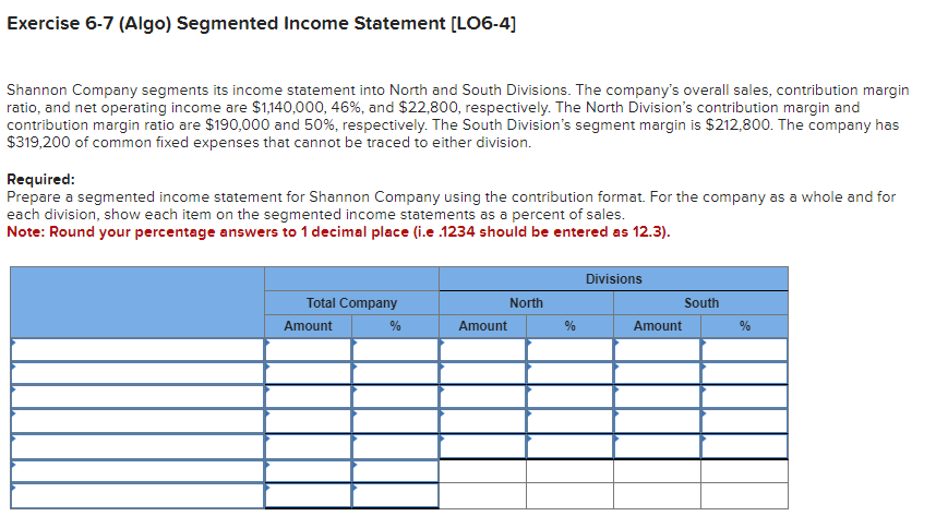 Solved Exercise 6-7 (Algo) ﻿Segmented Income Statement | Chegg.com