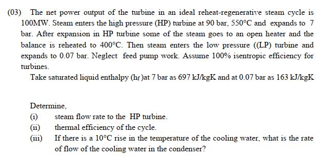 Solved (03) ﻿The net power output of the turbine in an ideal | Chegg.com